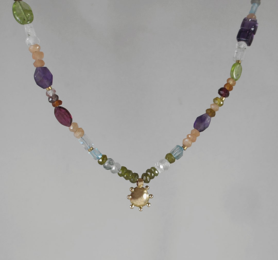 Gorgeous Natural Gemstone Beaded Autumn Necklace + Handmade 14K Gold ...