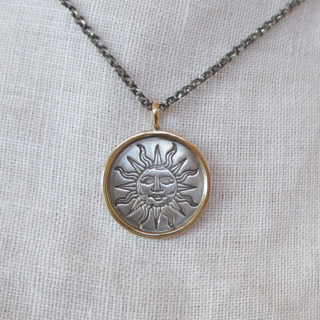 Sun in Splendor Charm Necklace * 14K Gold + Sterling Silver * Wavy Rays ...