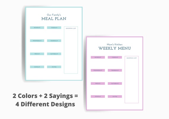 4 Weekly Meal Planning Weekly Menu Digital Printable - Etsy