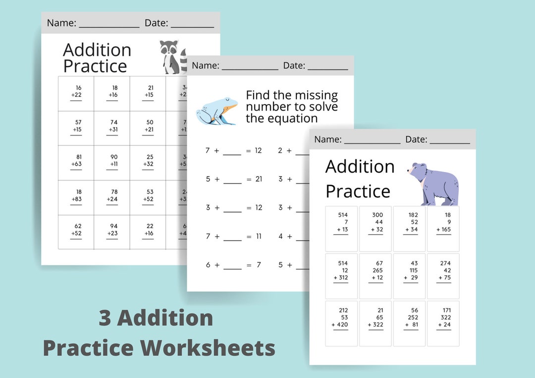3 Math Addition Practice Worksheets Digital Printable Download ...