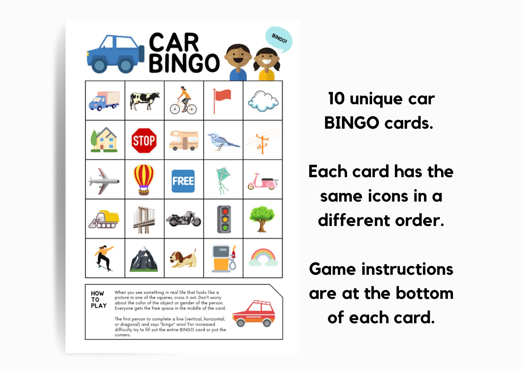 Printable Car Games 10 Car BINGO Cards Digital Downloadable Template - Etsy