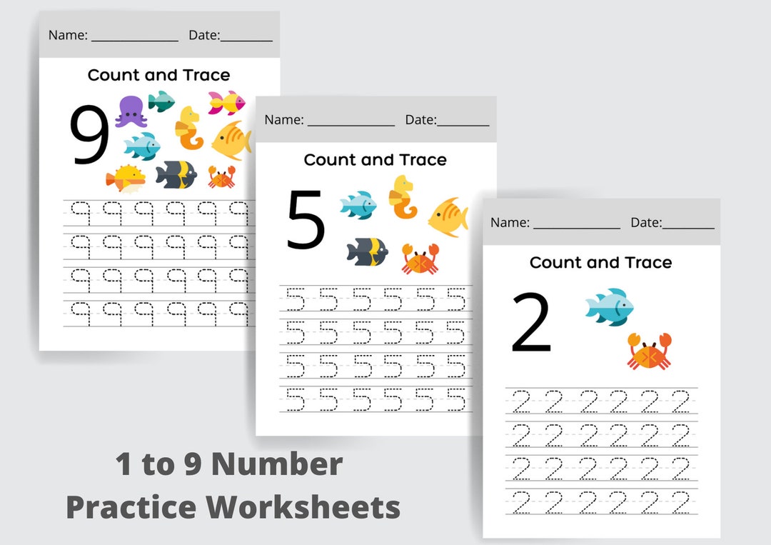 9 Count and Trace Number Worksheets 1 to 9 Digital Printable ...