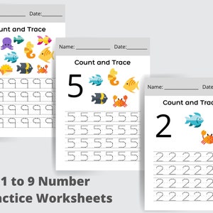 9 Count and Trace Number Worksheets 1 to 9 Digital Printable ...