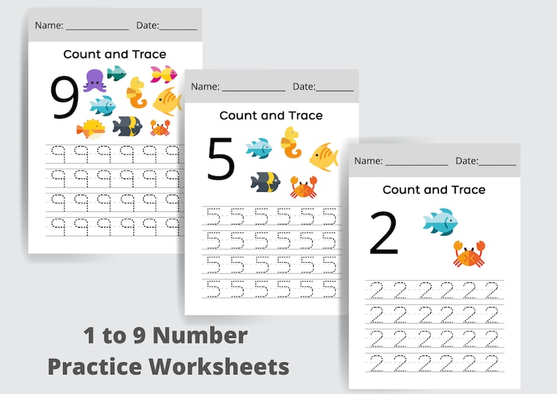 9 Count and Trace Number Worksheets 1 to 9 Digital Printable ...