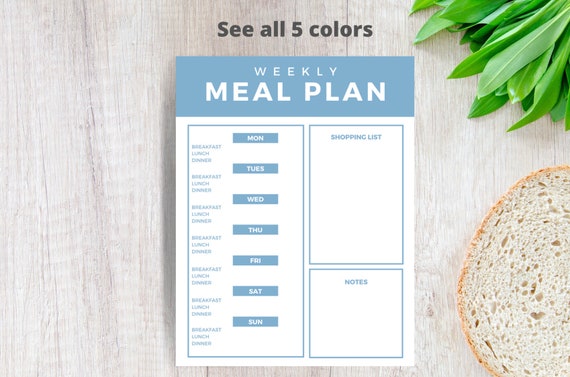 5 Colors Weekly Meal Plan Digital Printable Downloadable | Etsy