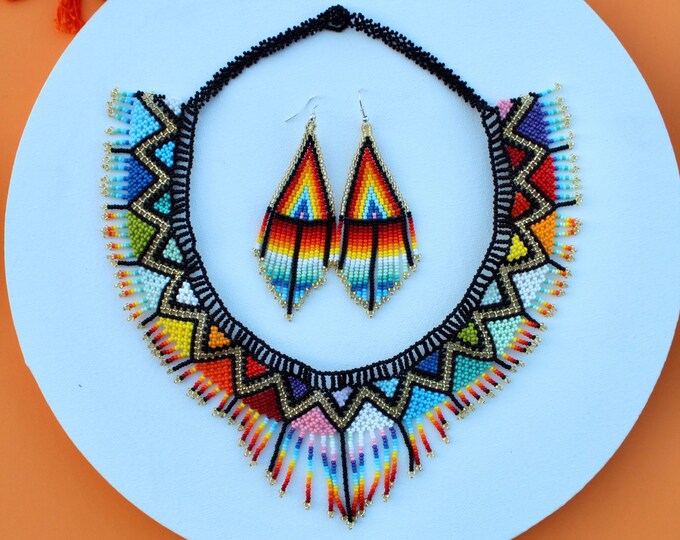 Handmade Mexican Jewelry Set, Huichol Art, Beaded Necklace, Mexican ...