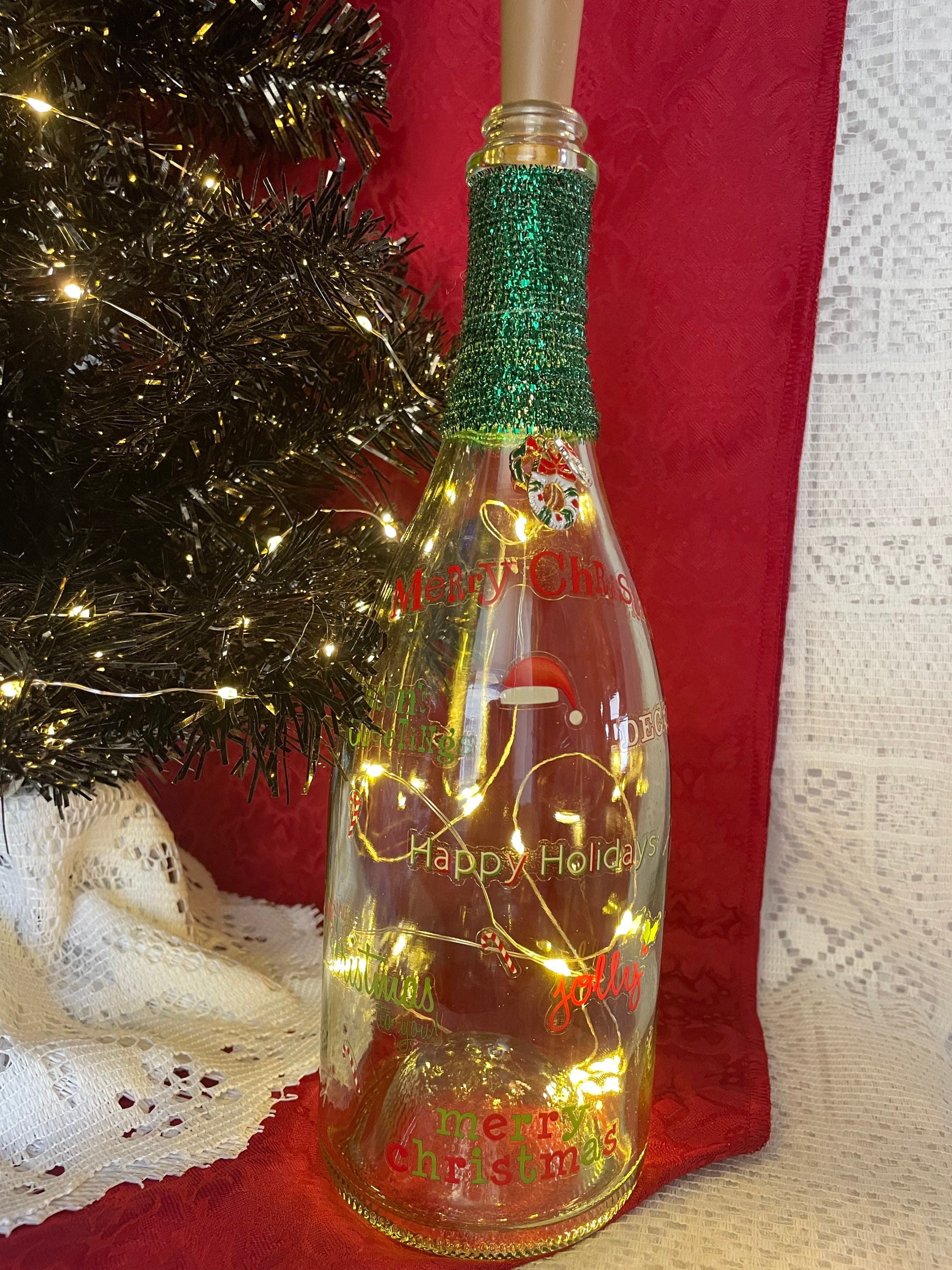 Christmas Wine Bottle Holiday Decorations Centerpiece Lighted Crafts - Etsy