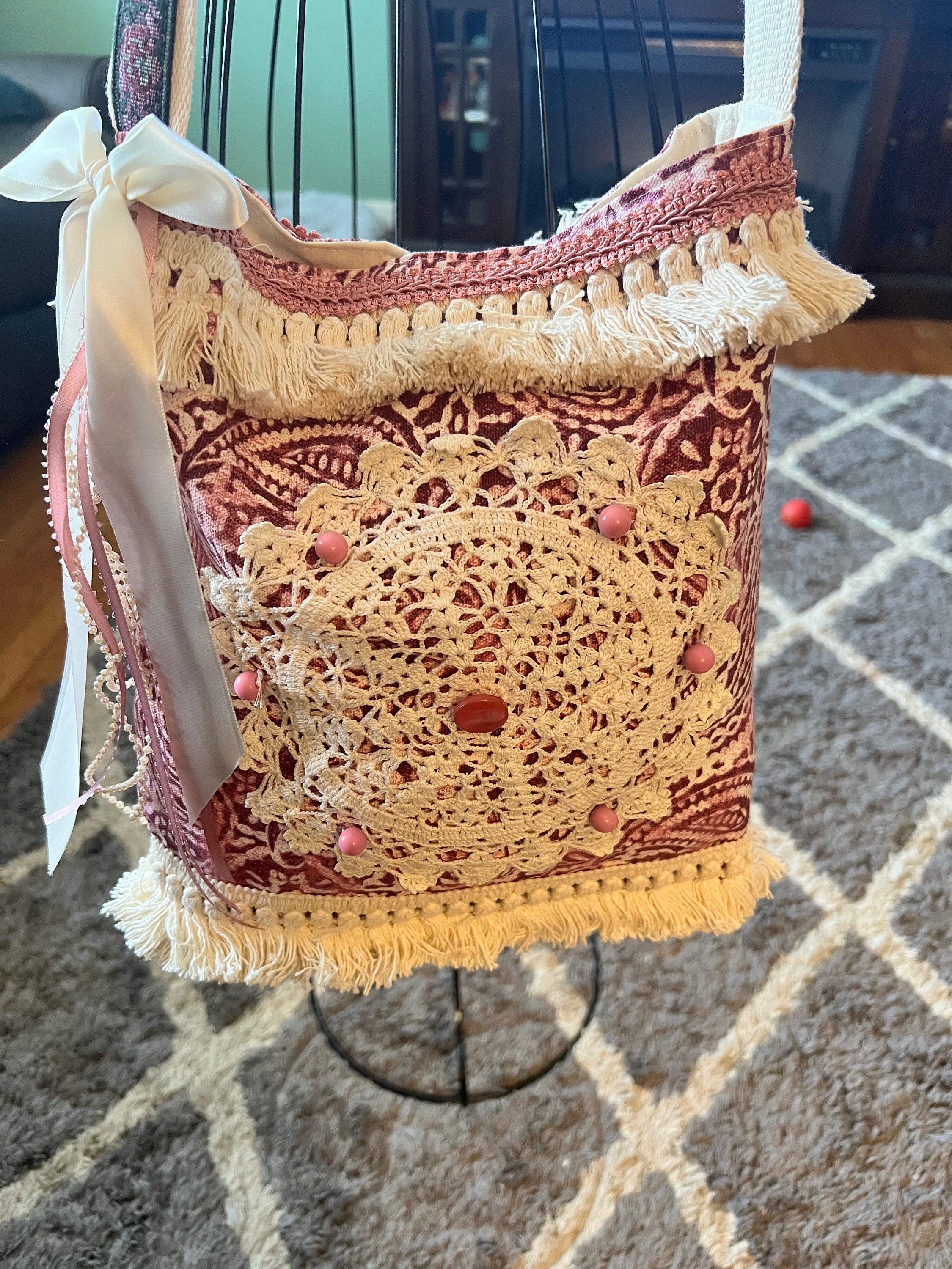 Shabby Chic Bag, Doily, Lace Purse, Fringe Boho Crossbody, Romantic ...