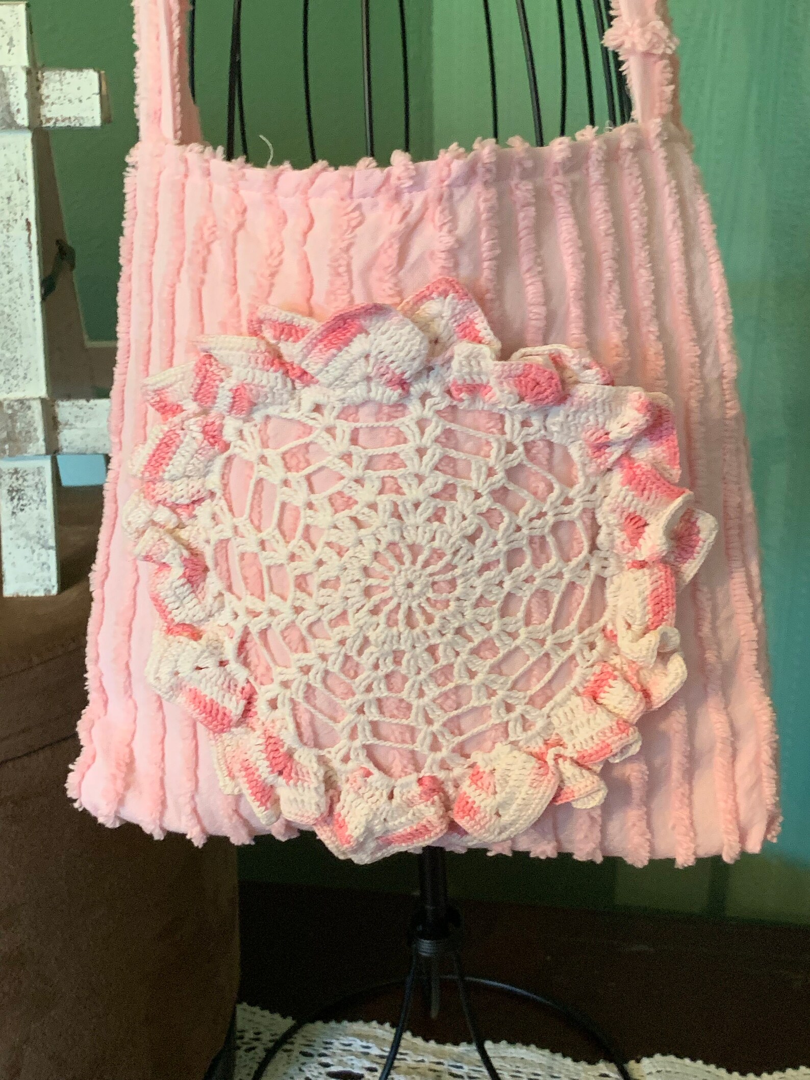 Vintage Chenille Tote Bag Doily and Lace Purse - Etsy