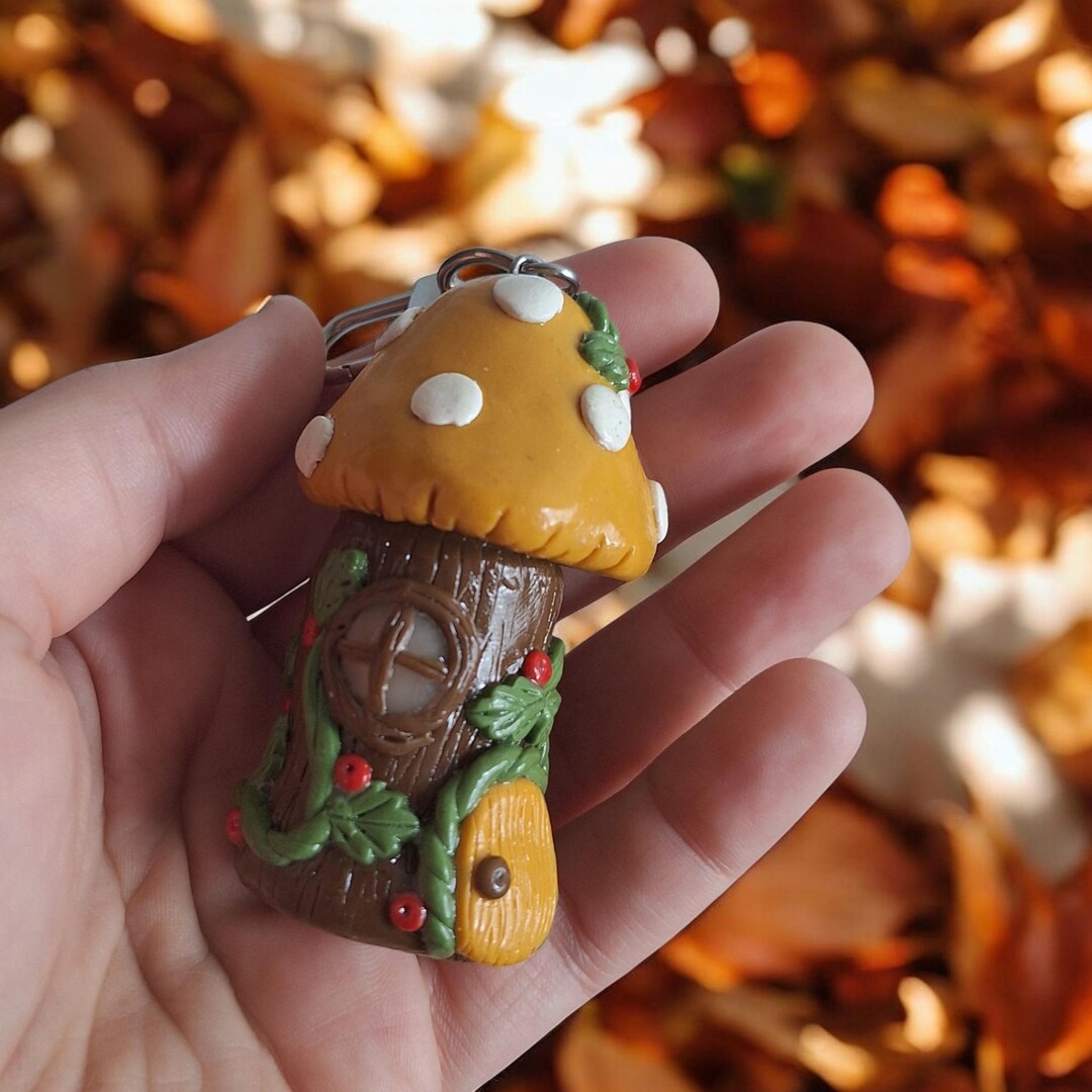 Polymer Clay Mushroom Toadstool Keychain Jar / Cottage Core Yellow ...