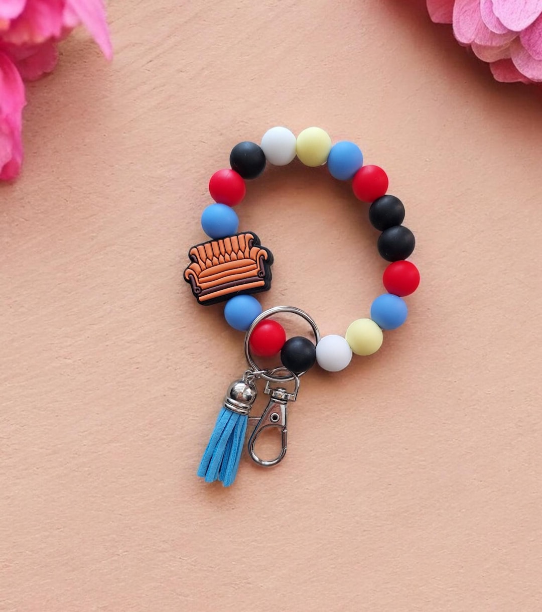 Silicone Beaded Wristlet Keychain Orange Brown Sofa Couch Beaded ...