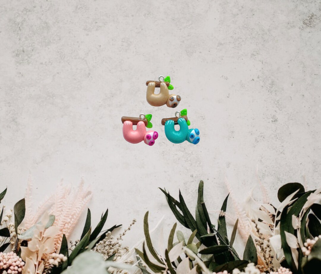 Kawaii Sloth Charms / Polymer Clay Sloth With Branch Charms / Kawaii ...