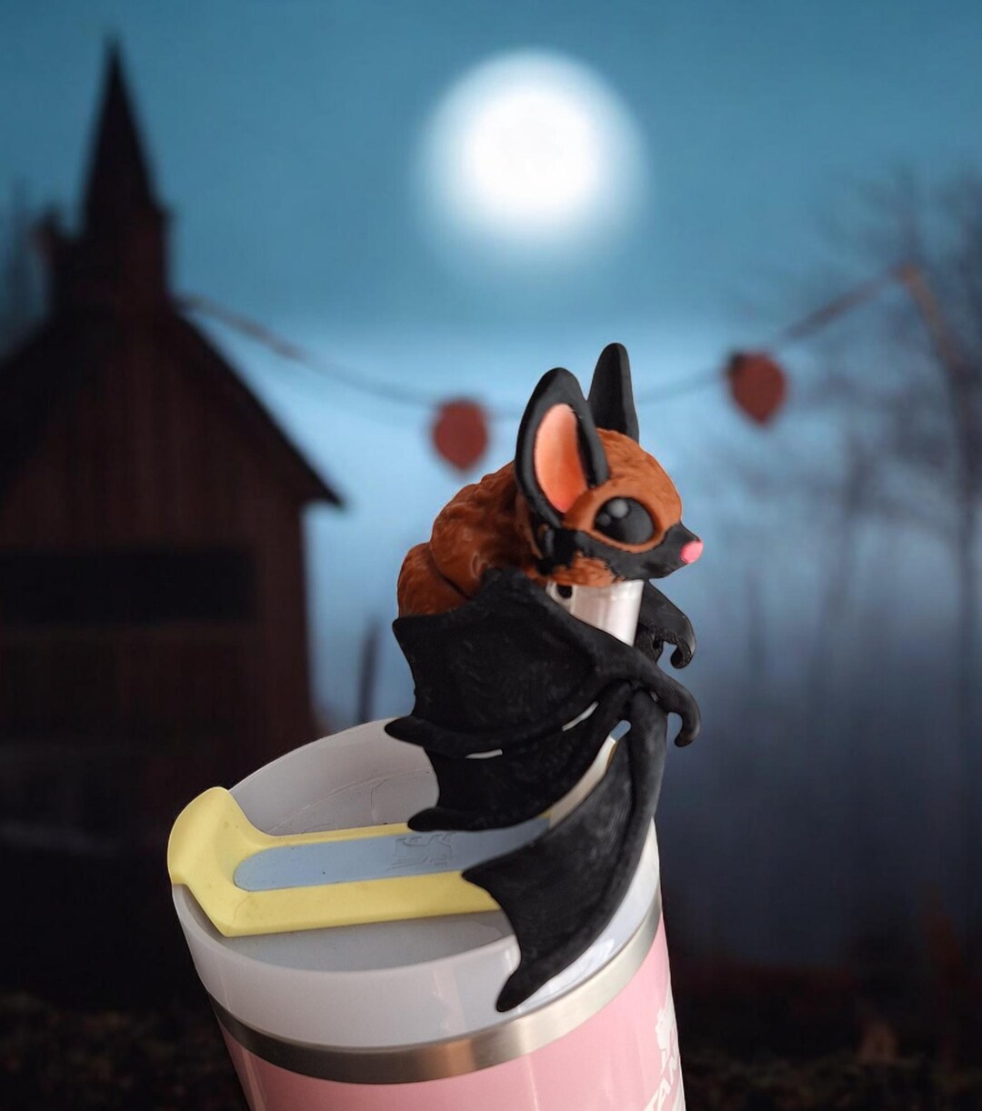 Painted 3D Articulated Cute Black Bat Straw Cap / 3d Printed Bat Spooky ...