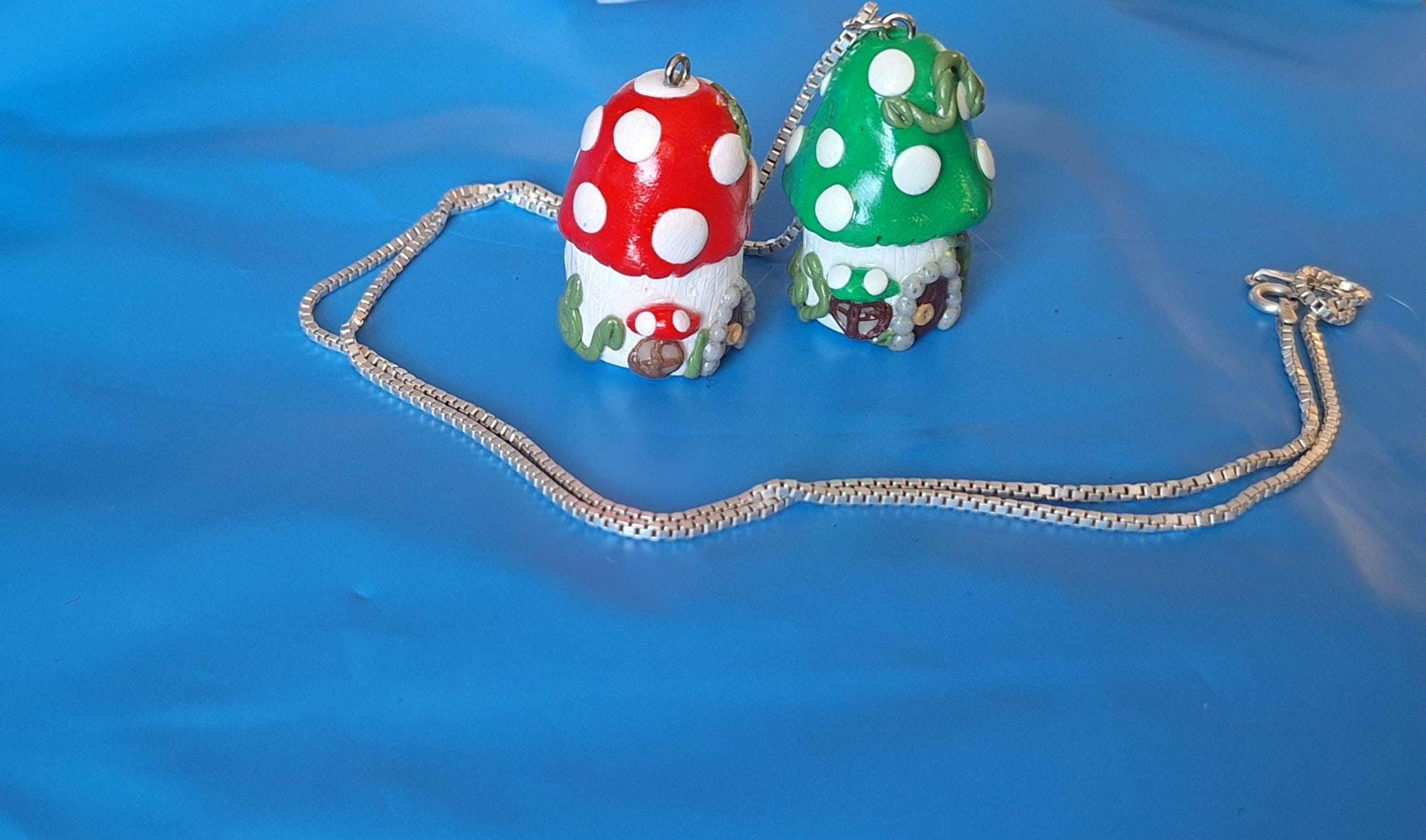 Polymer Clay Mushroom Toadstool Pendant Jar / Cottage Core Red Green ...