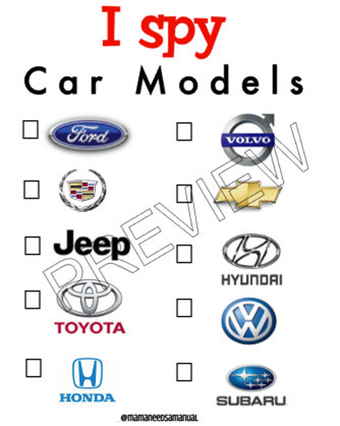 I Spy Car Model Printable Road Trip Activity Busy Activity Kids Car ...