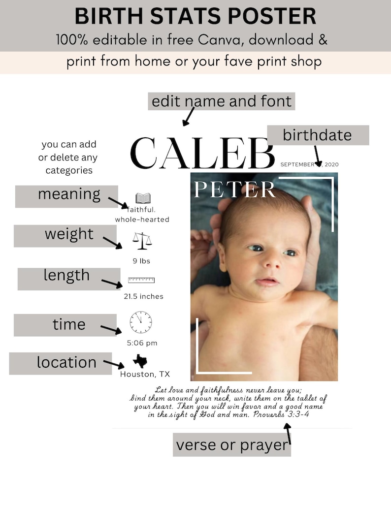 Editable Birth Stats Printable Poster | Custom Birth Stats Digital ...