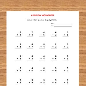 Addition 1 Minute Drill: 10 Math Worksheets (PDF) - Etsy
