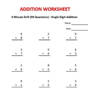 ADDITION 3 MINUTE DRILL (10 Worksheets) Pdf/ Year 1, 2, 3/ Grade 1,2,3 ...