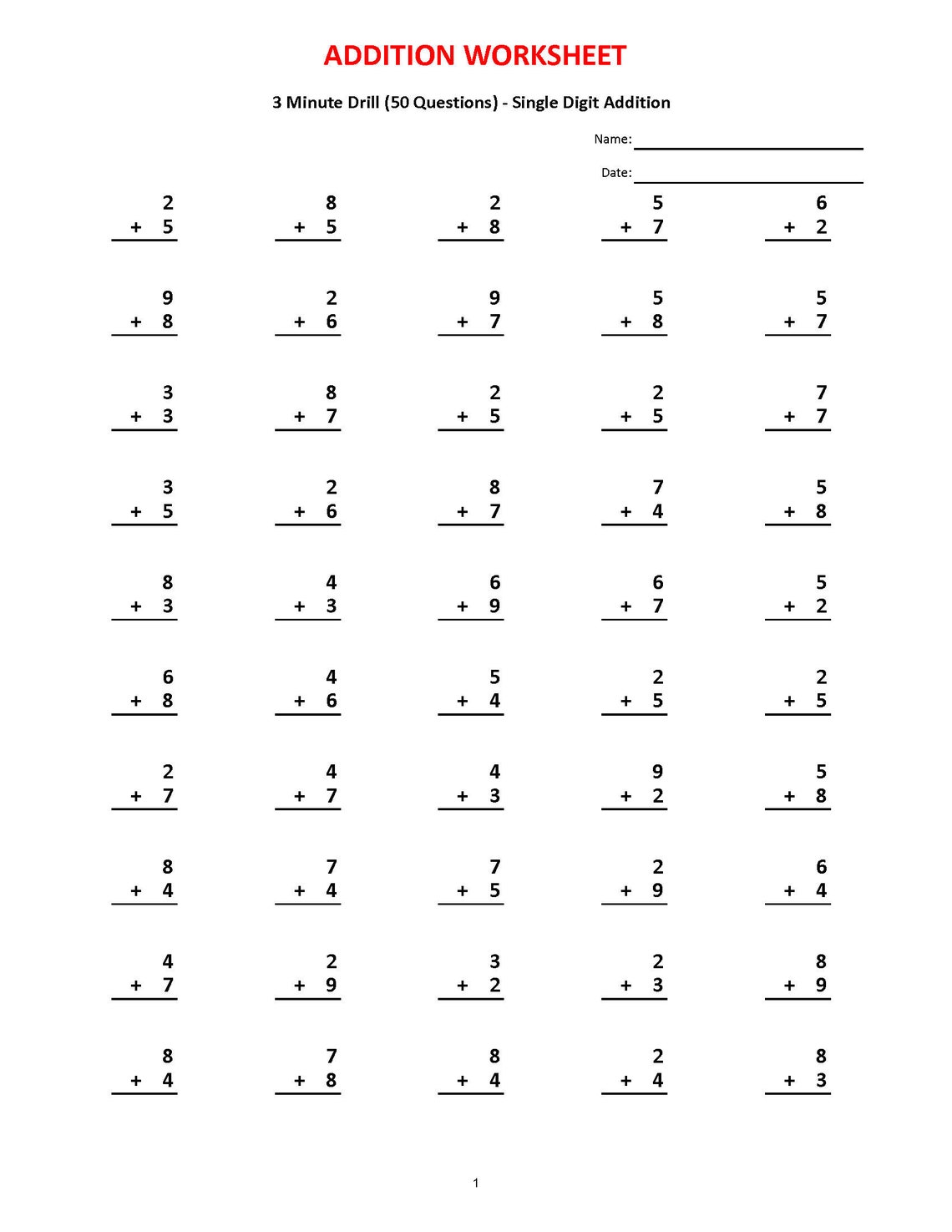 Addition Practice Sheets: 3-minute Drill, Grades 1-3 (PDF) - Etsy