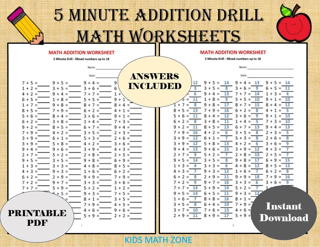 Addition 5 Minute Drill H (10 Math Worksheets With Answers)/pdf/ Year 1 ...