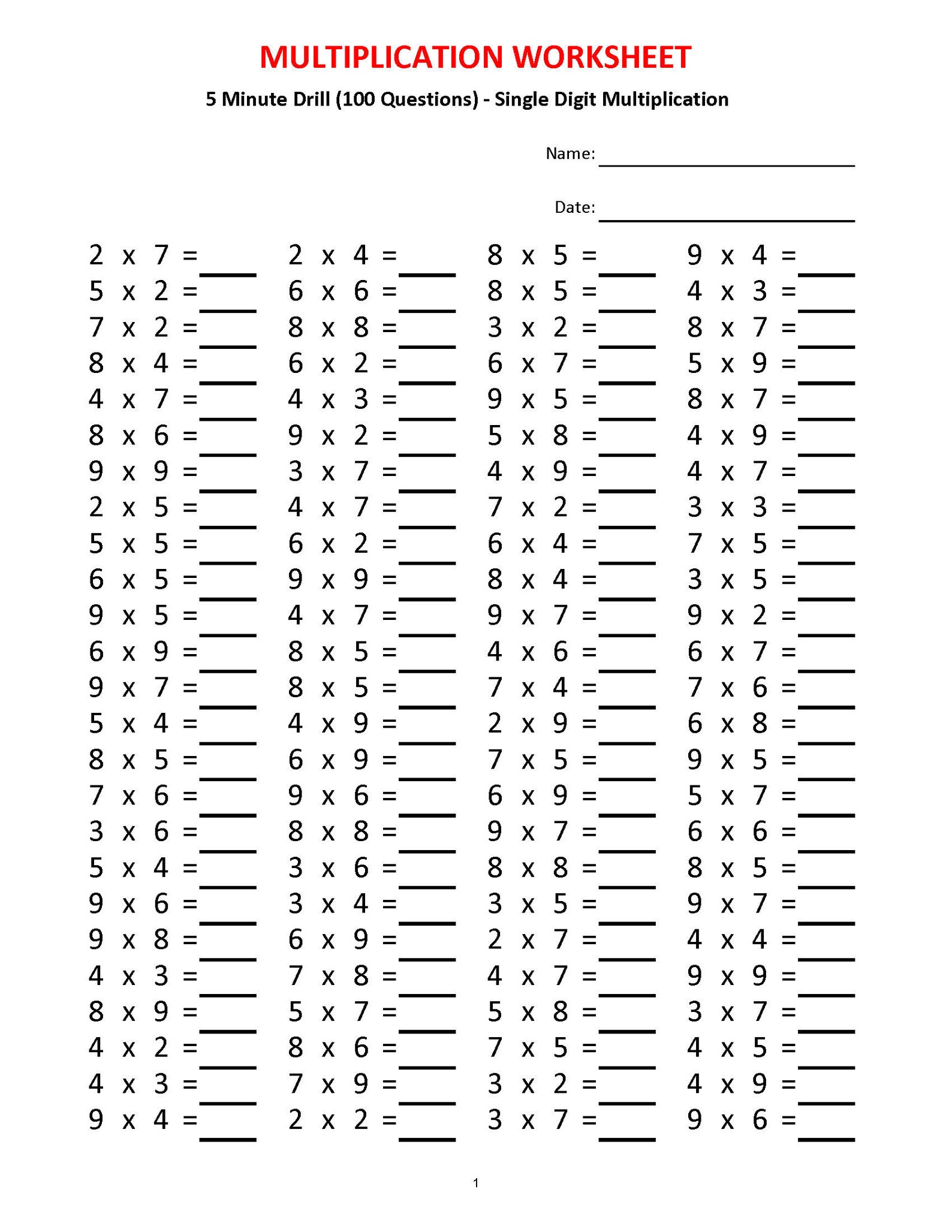Multiplication 5 Minute Drill Worksheets: Grade 2-4 (PDF Download) - Etsy