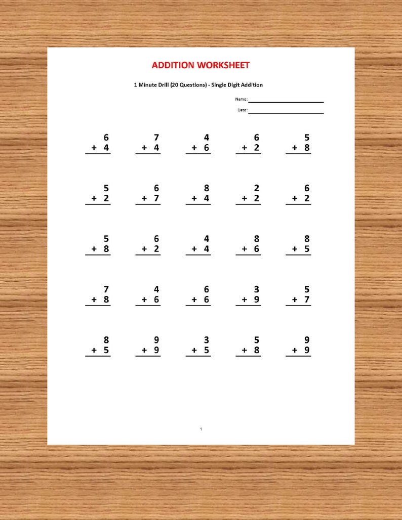 Addition 1 Minute Drill: 10 Math Worksheets (PDF) - Etsy