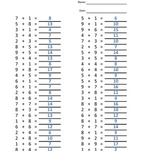 Addition 3 Minute Drill V (10 Math Worksheets With Answers)/pdf/ Year 1 ...