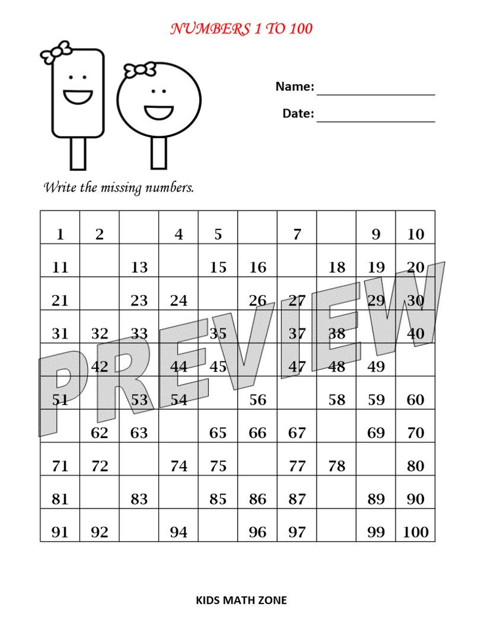 Missing Numbers 1 to 100 Printable Worksheets /pdf/ Preschool ...