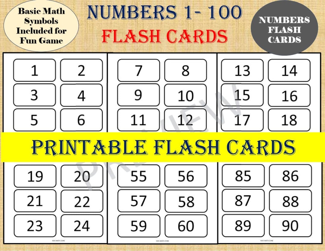 NUMBERS FLASH CARDS (numbers 1 to 100)/ Basic Math Games/ Kindergarten ...