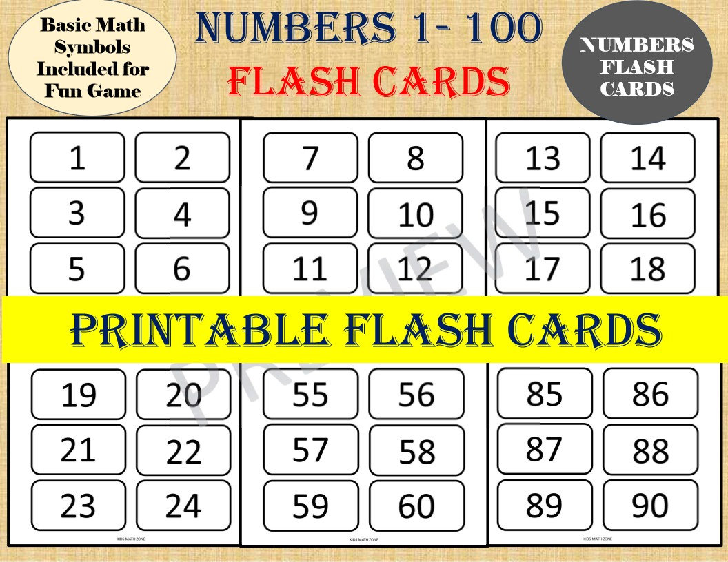 Numbers 1-100 Flash Cards: Basic Math Symbols (printable) - Etsy