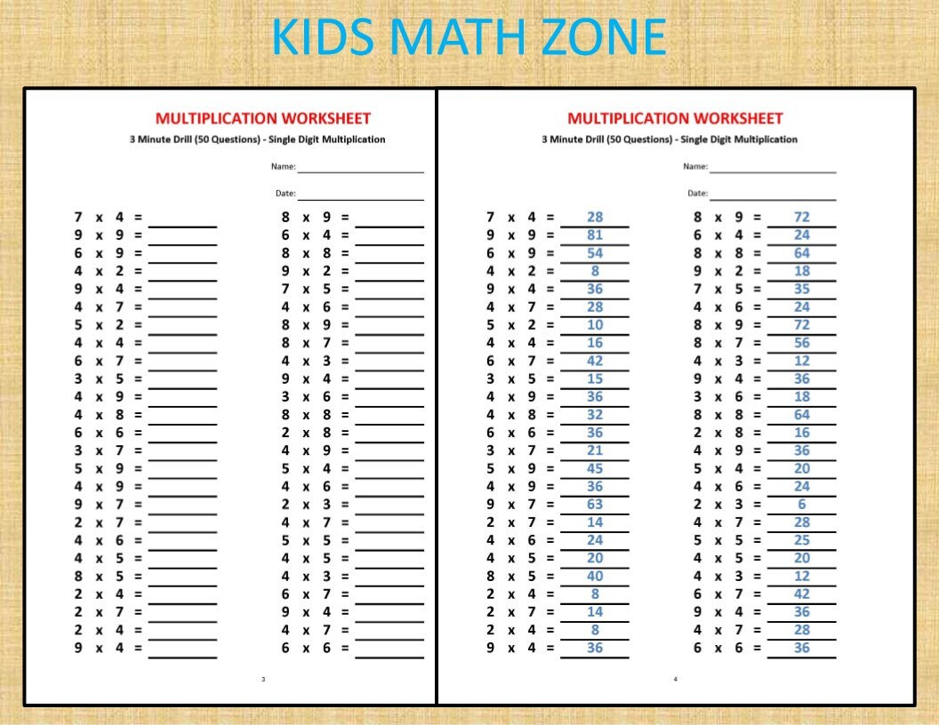 Multiplication 3 Minute Drill H With Answers (10 Sheets)/pdf/ Year 2,3 ...
