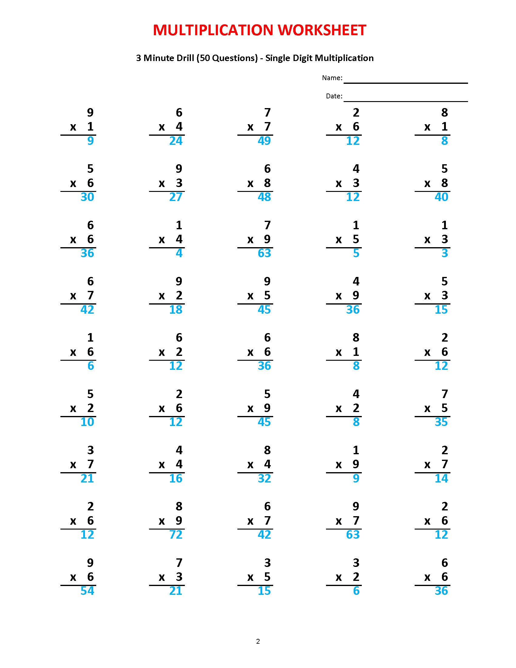 Multiplication Worksheets: 3 Minute Drill, Grades 2-4 (PDF Download) - Etsy