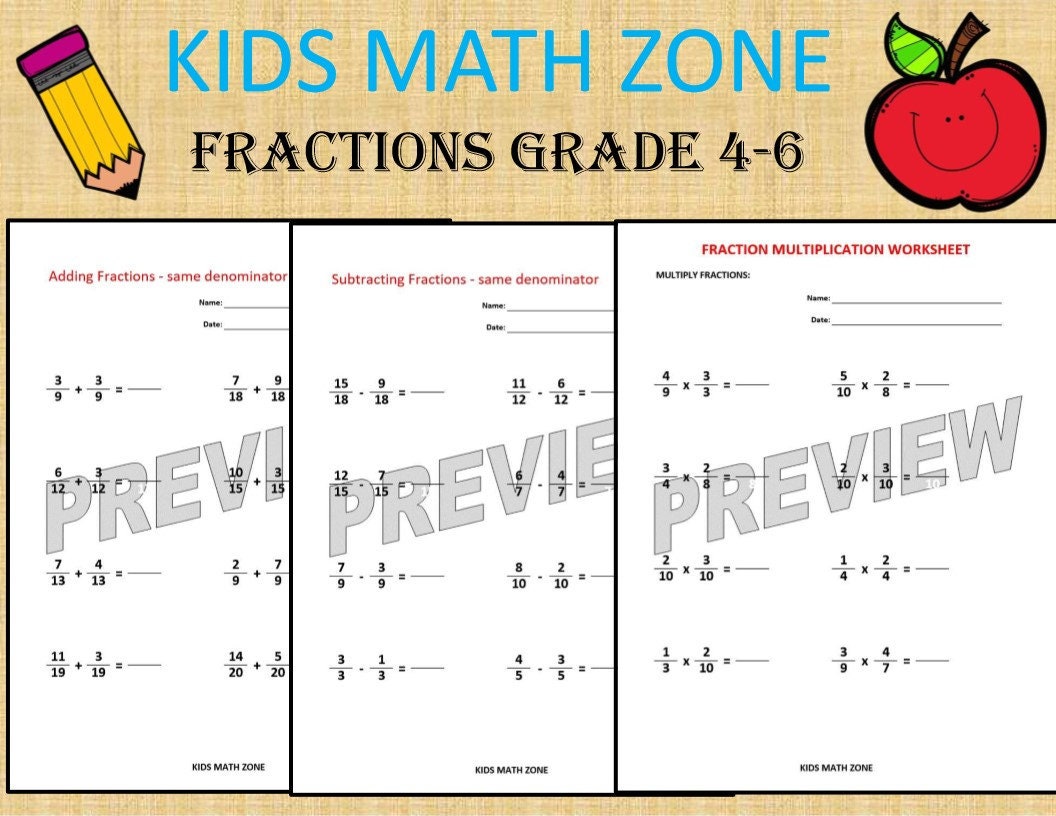 Fractions GRADE 4-6 Worksheets- Compare, Add, Subtract, Multiply ...