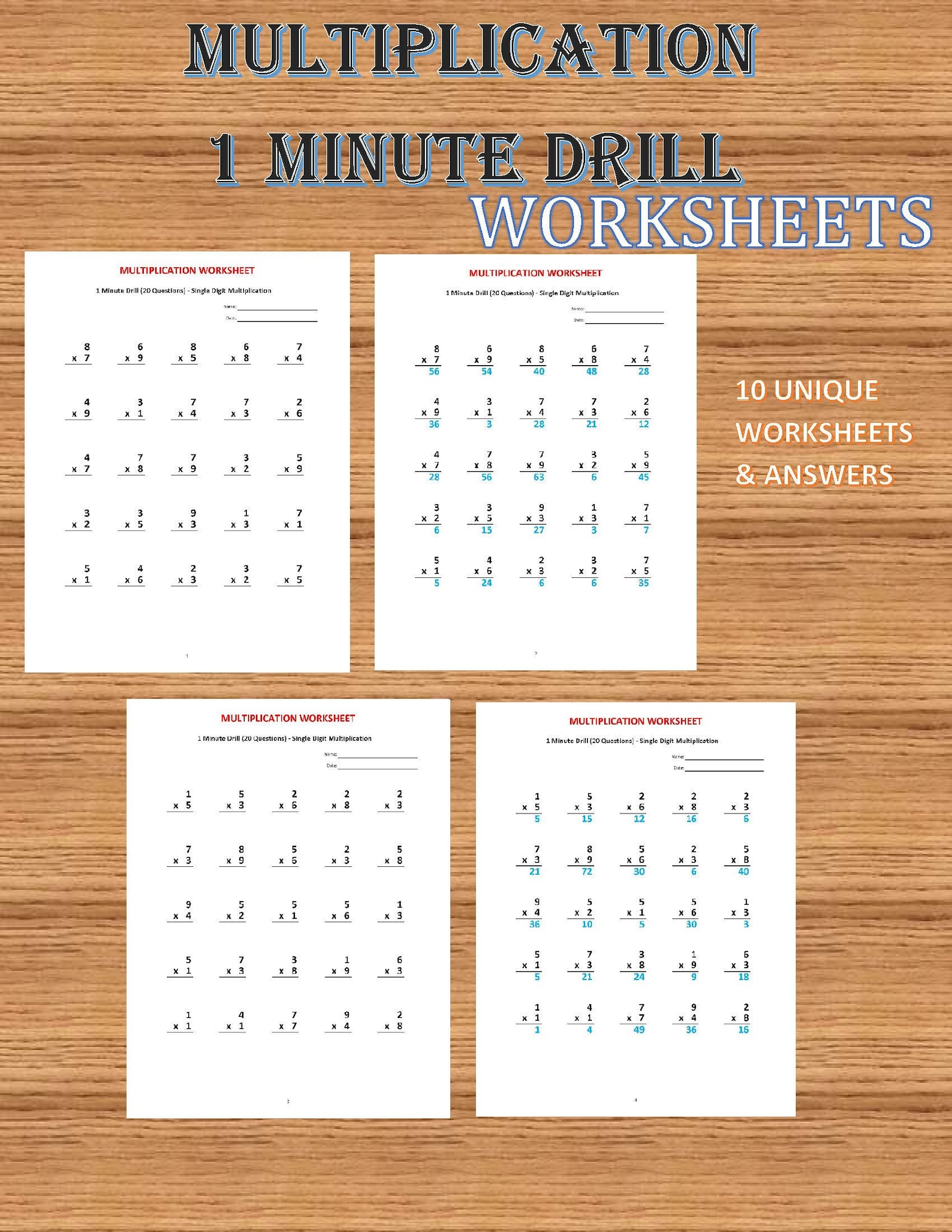 Multiplication 1-minute Drill: 10 Math Worksheets With Answers (PDF) - Etsy