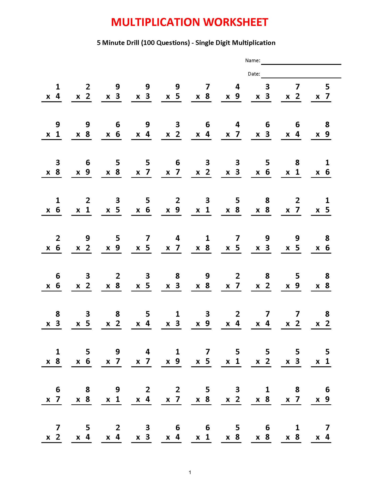 Multiplication 5-minute Drill: 10 Math Worksheets With Answers (PDF) - Etsy