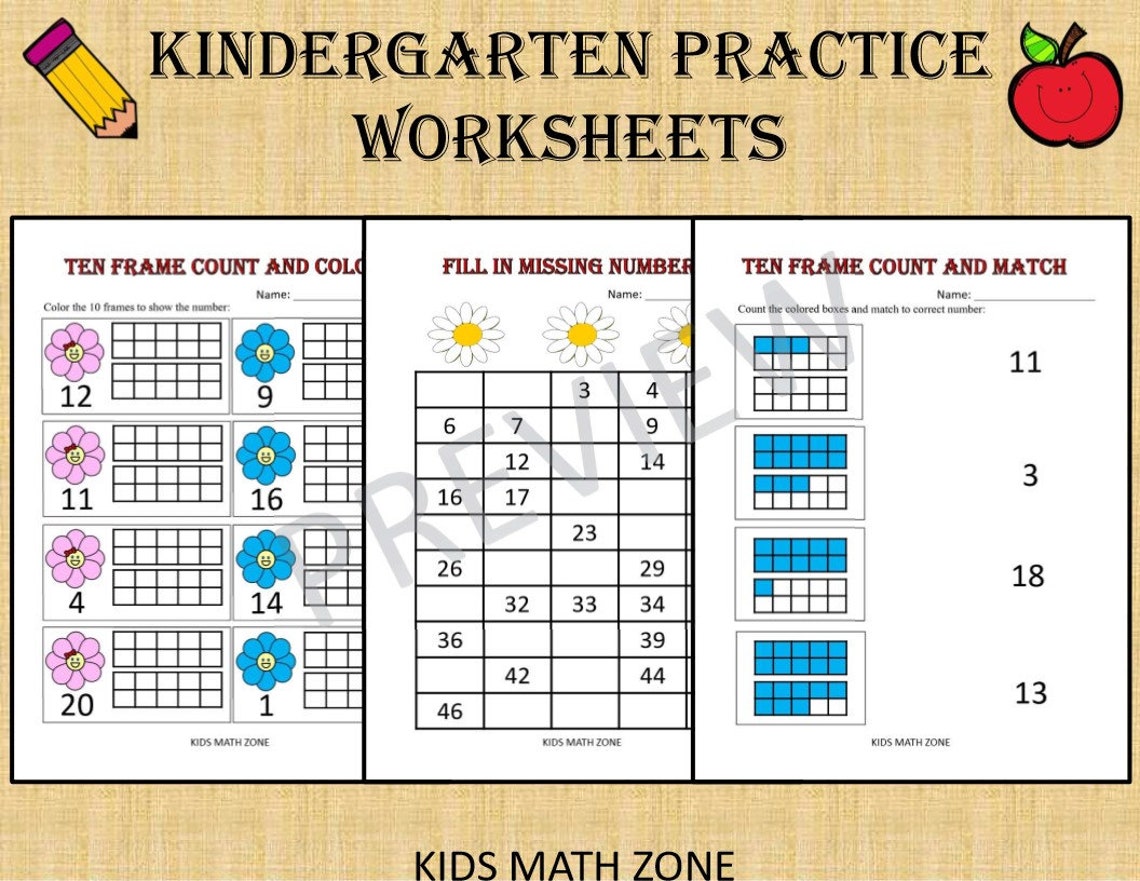 Kindergarten Practice Package - 50 Math Worksheets for Kindergarten ...