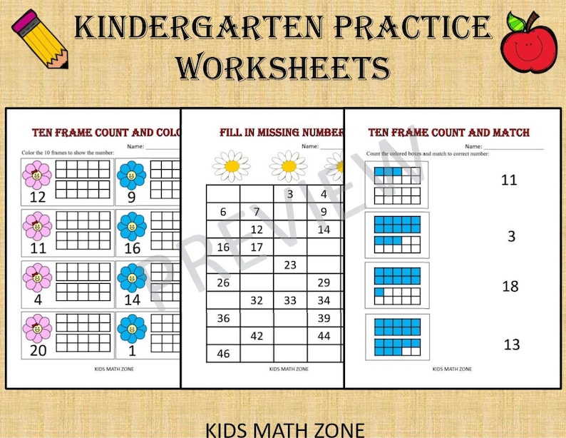 Kindergarten Practice Package - 50 Math Worksheets for Kindergarten ...