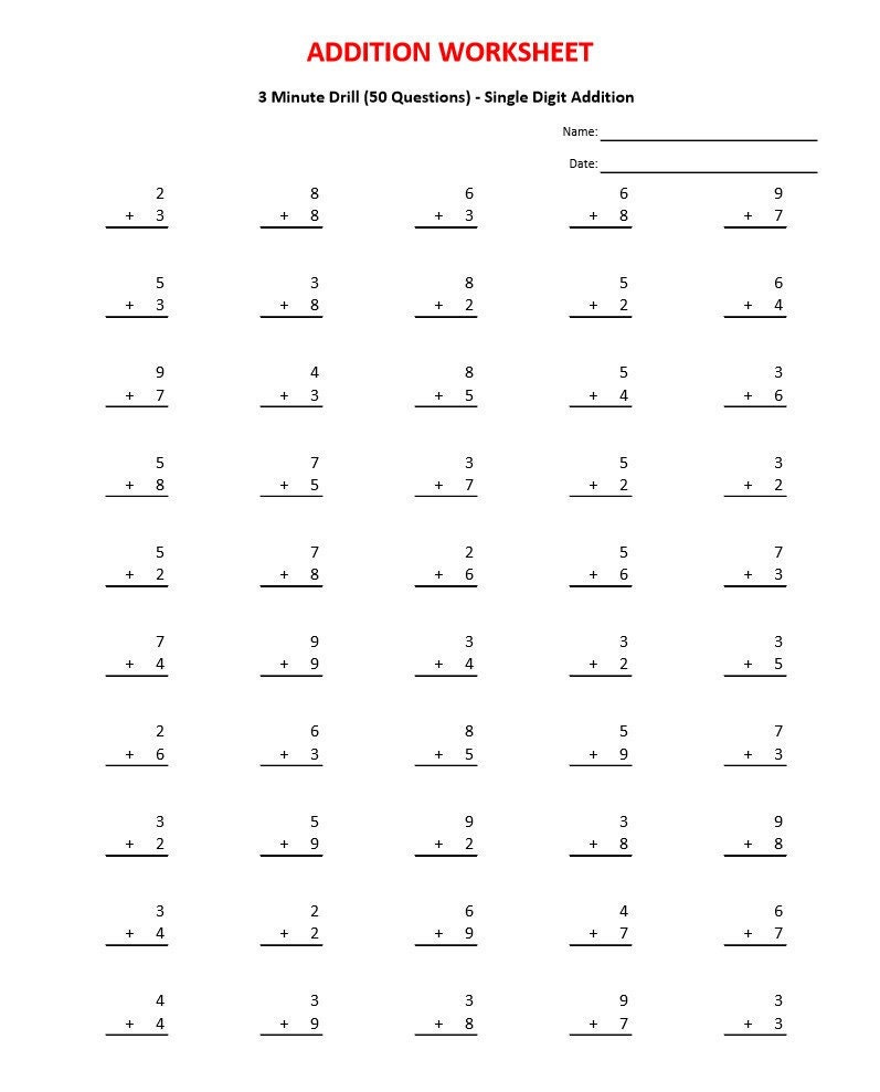 ADDITION 3 MINUTE DRILL (10 Worksheets) Pdf/ Year 1, 2, 3/ Grade 1,2,3 ...