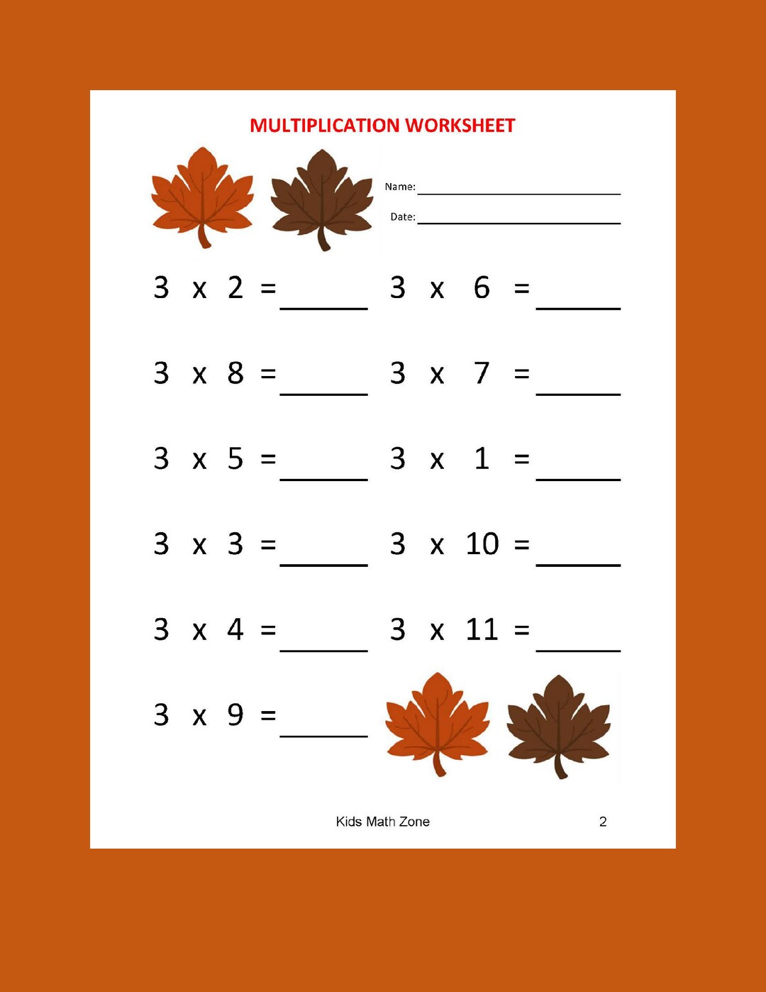 FALL MULTIPLICATION A (10 Worksheets) Pdf/ Year 1, 2, 3/ Grade 2, 3 ...