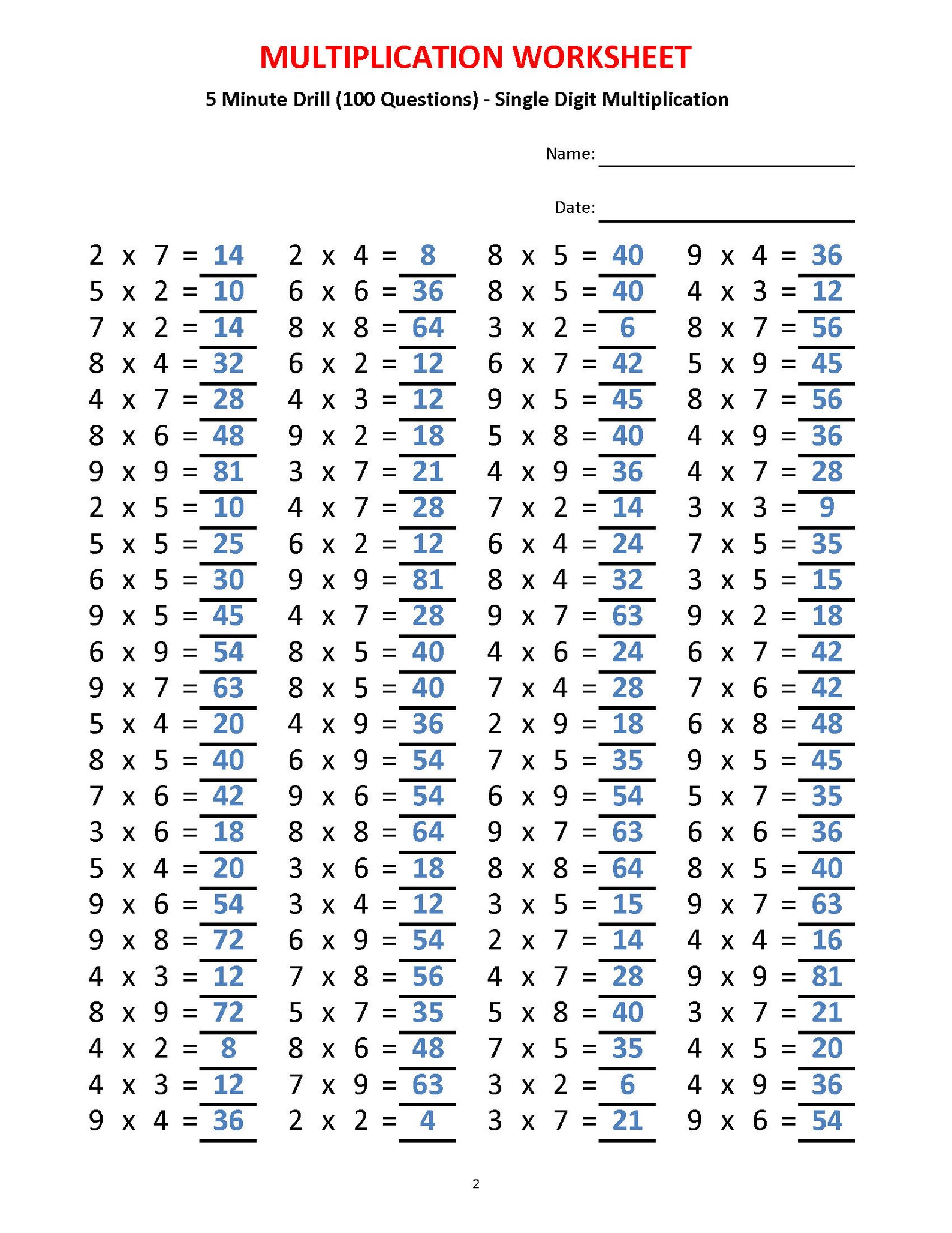 Multiplication Worksheets With Answers