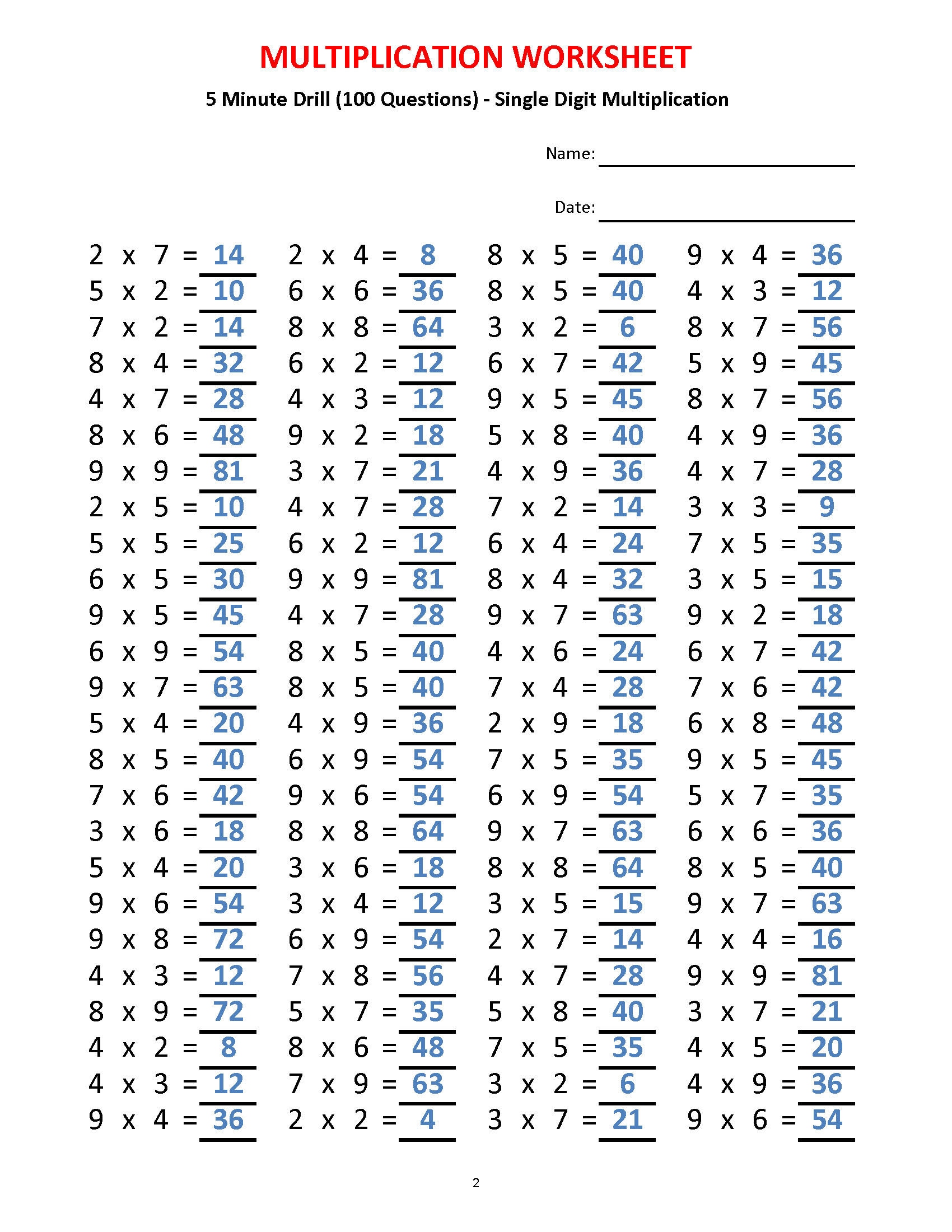 Multiplication 5 Minute Drill Worksheets: Grade 2-4 (PDF Download ...