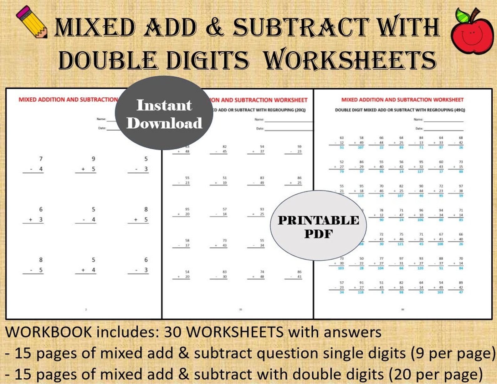 Math Worksheets Addition & Subtraction 30 Worksheets With Answers - Etsy