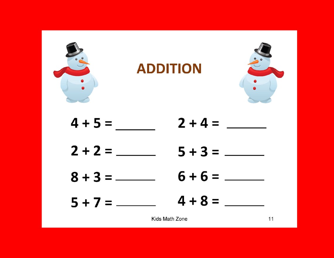 SNOWMAN ADDITION B 12 Worksheets Pdf/ Preschool/ Kindergarten/ Year 1,2 ...