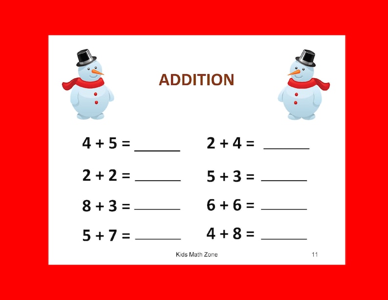 SNOWMAN ADDITION B (12 Worksheets) Pdf/ Preschool/ Kindergarten/ Year 1 ...