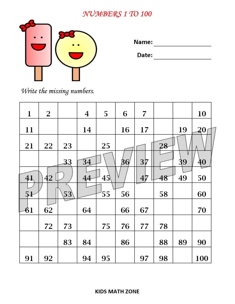Missing Numbers 1 to 100 Printable Worksheets /pdf/ Preschool ...
