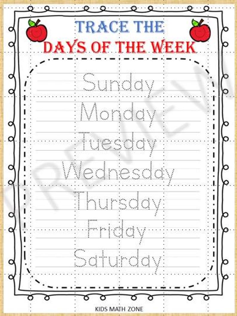 Trace the Days of the Week / Tracing Worksheets / Trace Writing ...