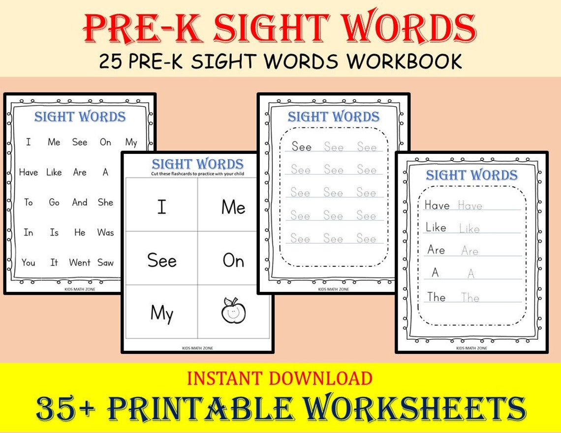 PRE-K Sight Words workbook 35 Printable worksheets Kids | Etsy