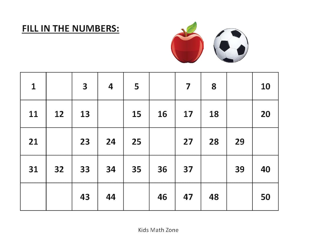 Fill in Missing Numbers 1 to 50 (10 Printable Worksheets )/pdf ...