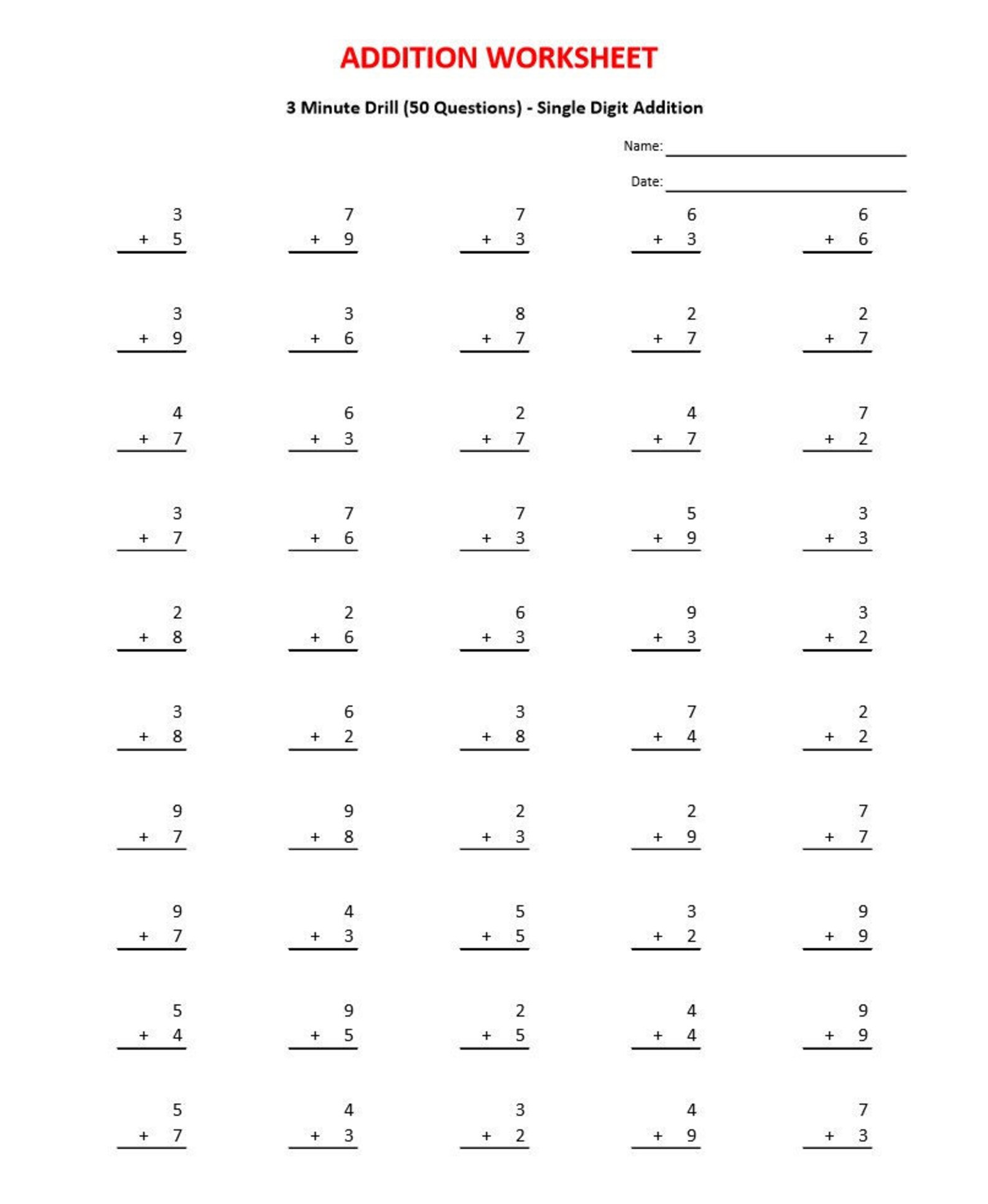 ADDITION 3 MINUTE DRILL (10 Worksheets) Pdf/ Year 1, 2, 3/ Grade 1,2,3 ...