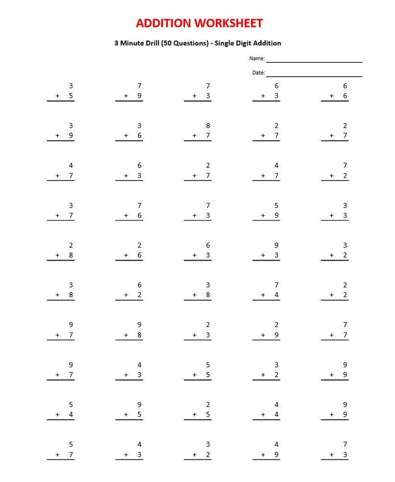 ADDITION 3 MINUTE DRILL (10 Worksheets) Pdf/ Year 1, 2, 3/ Grade 1,2,3 ...